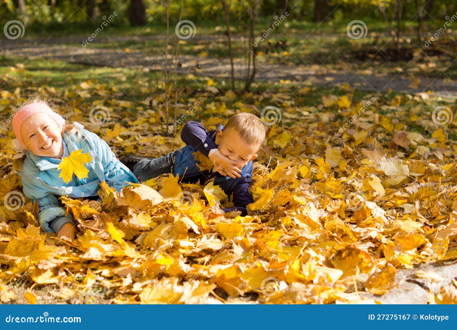 Young Children Playing in Autumn Leaves Stock Image - Image of healthy ...