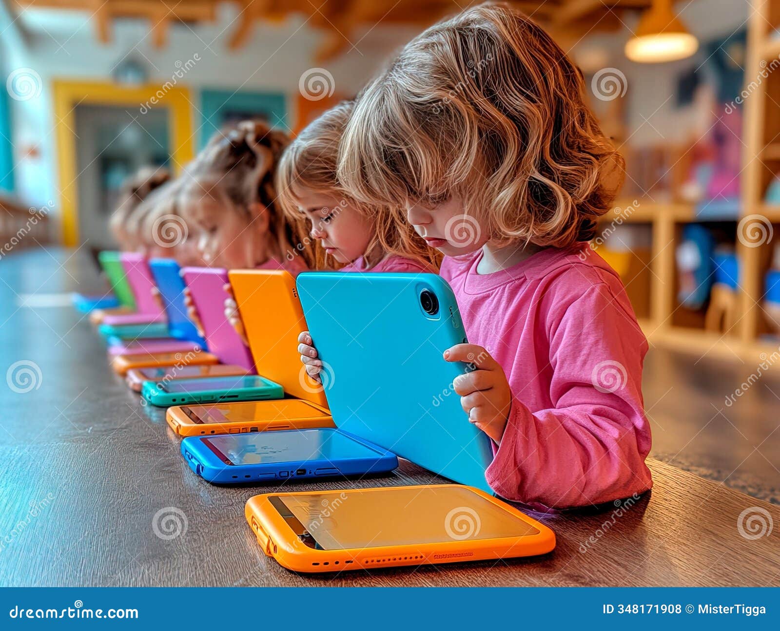 Young Children Using Colorful Tablets at a Classroom Table for ...