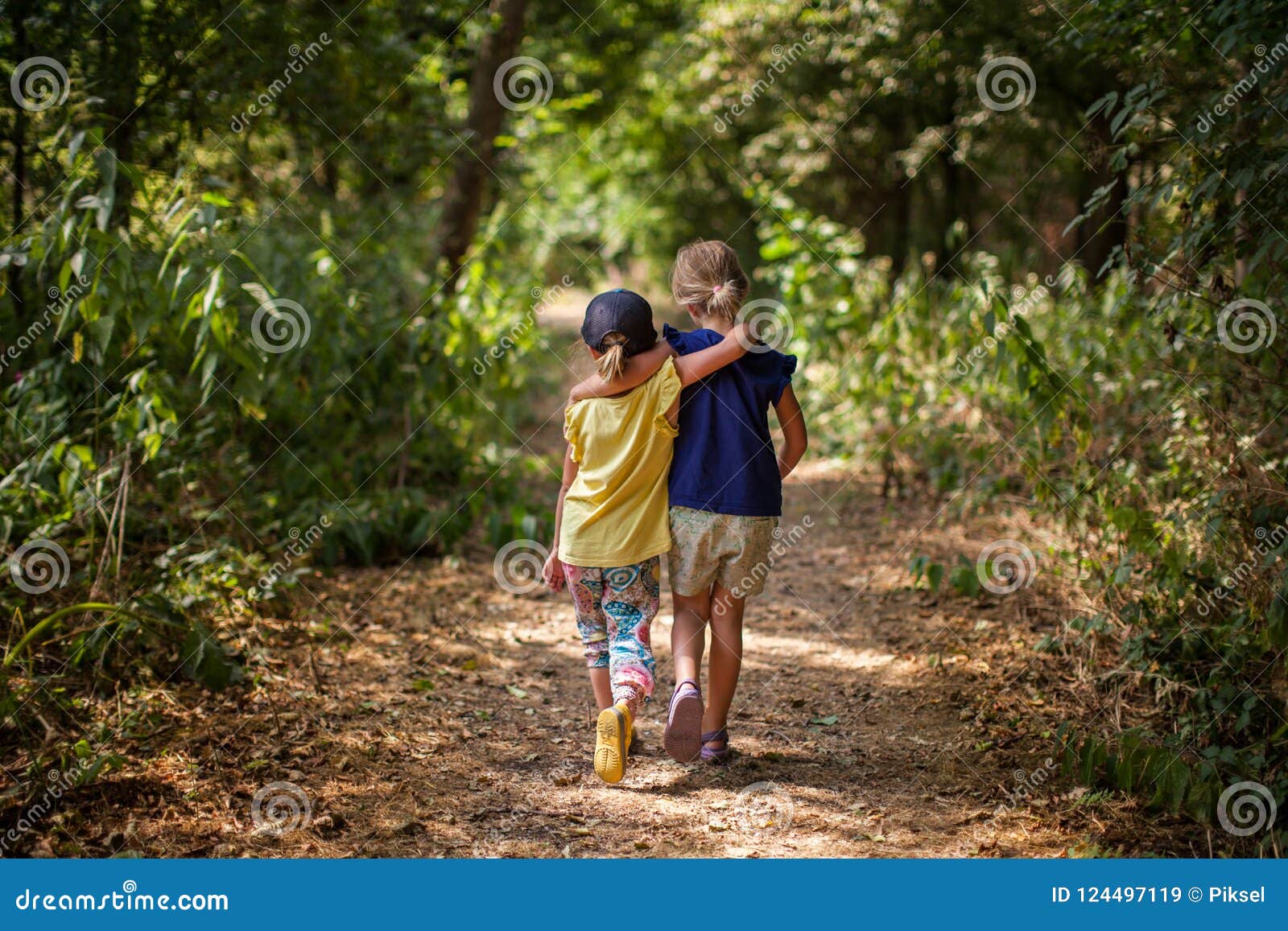 Children walking in forest stock image. Image of hugging - 124497119