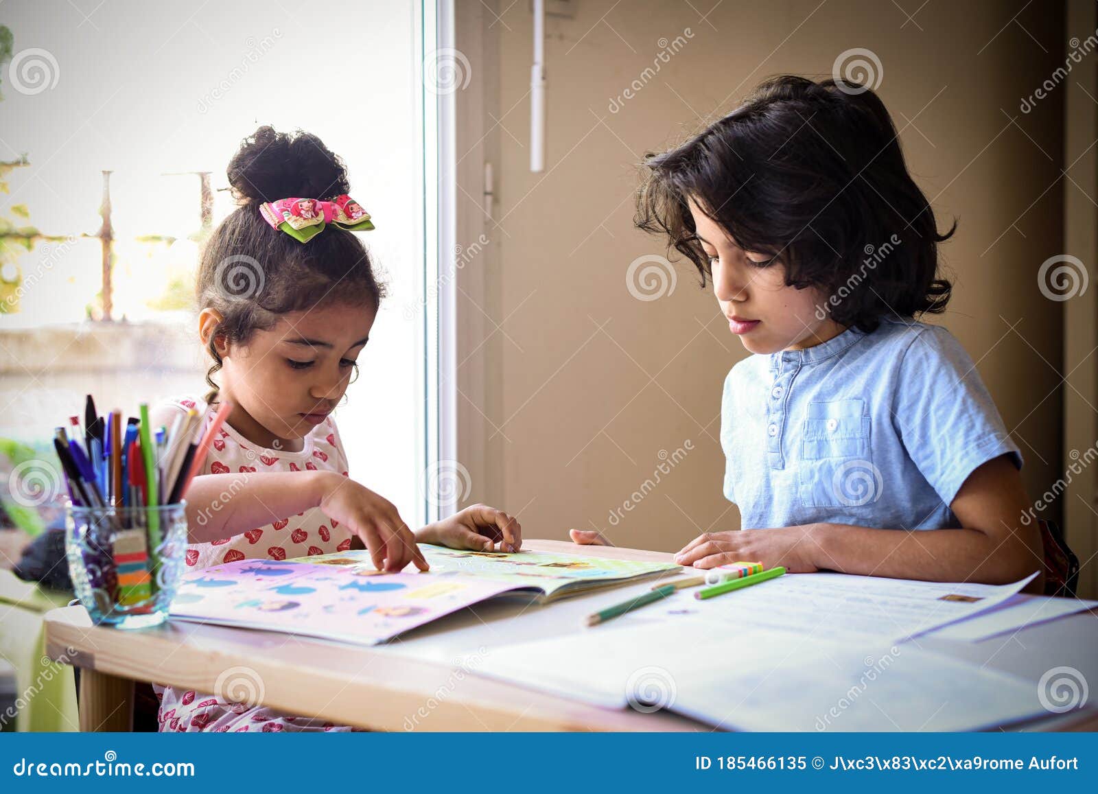 Young Children Working at Home Stock Image - Image of help, paper ...
