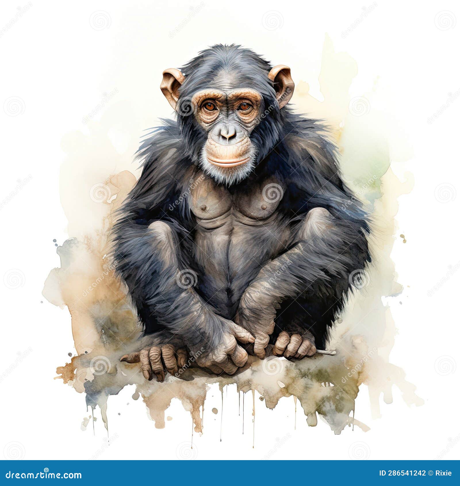 Young Chimp, Front View. Stylised Digital Watercolour Isolated on White ...