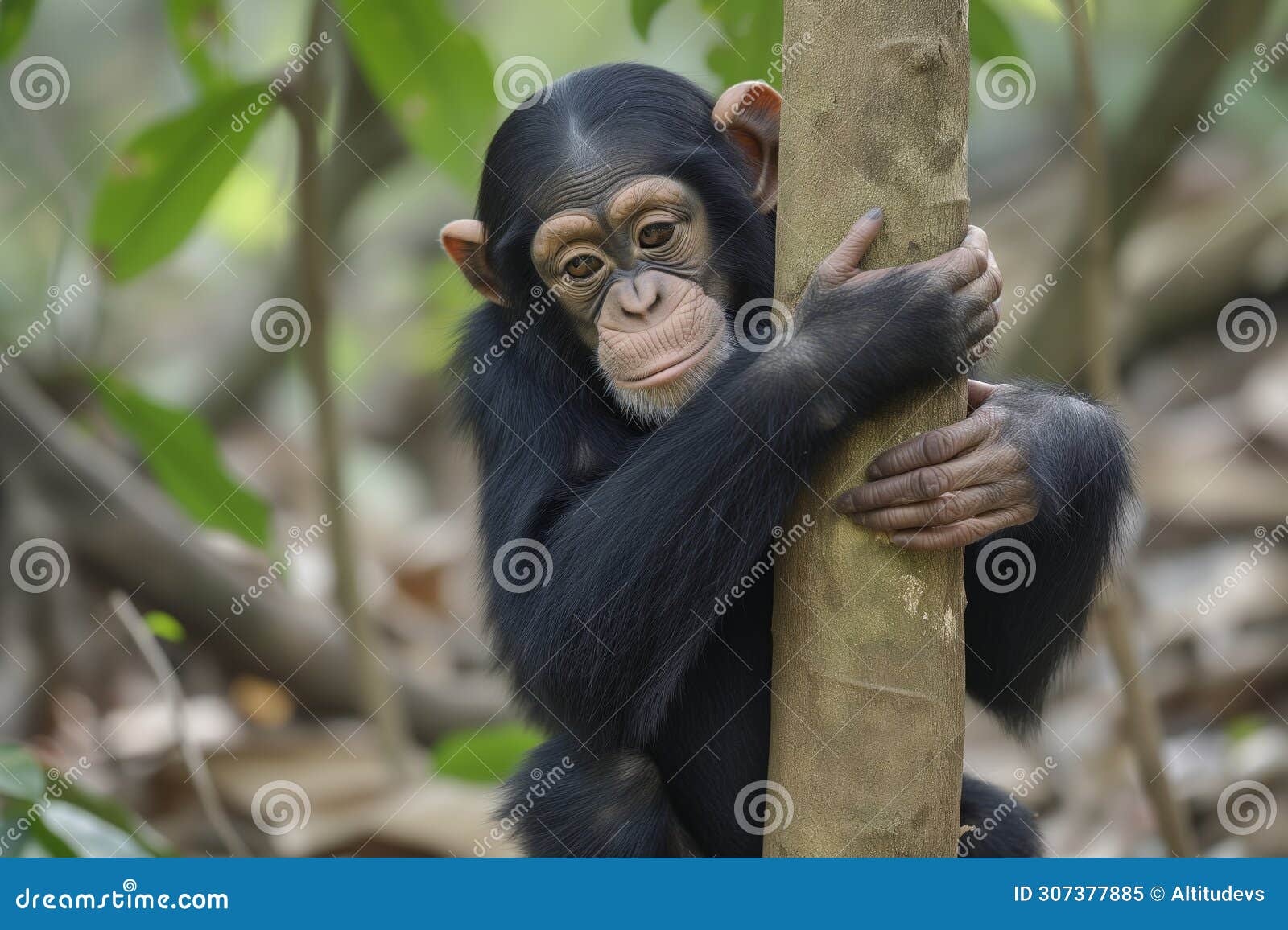 Young Chimpanzee Hugging a Small Jungle Tree Stock Image - Image of ...