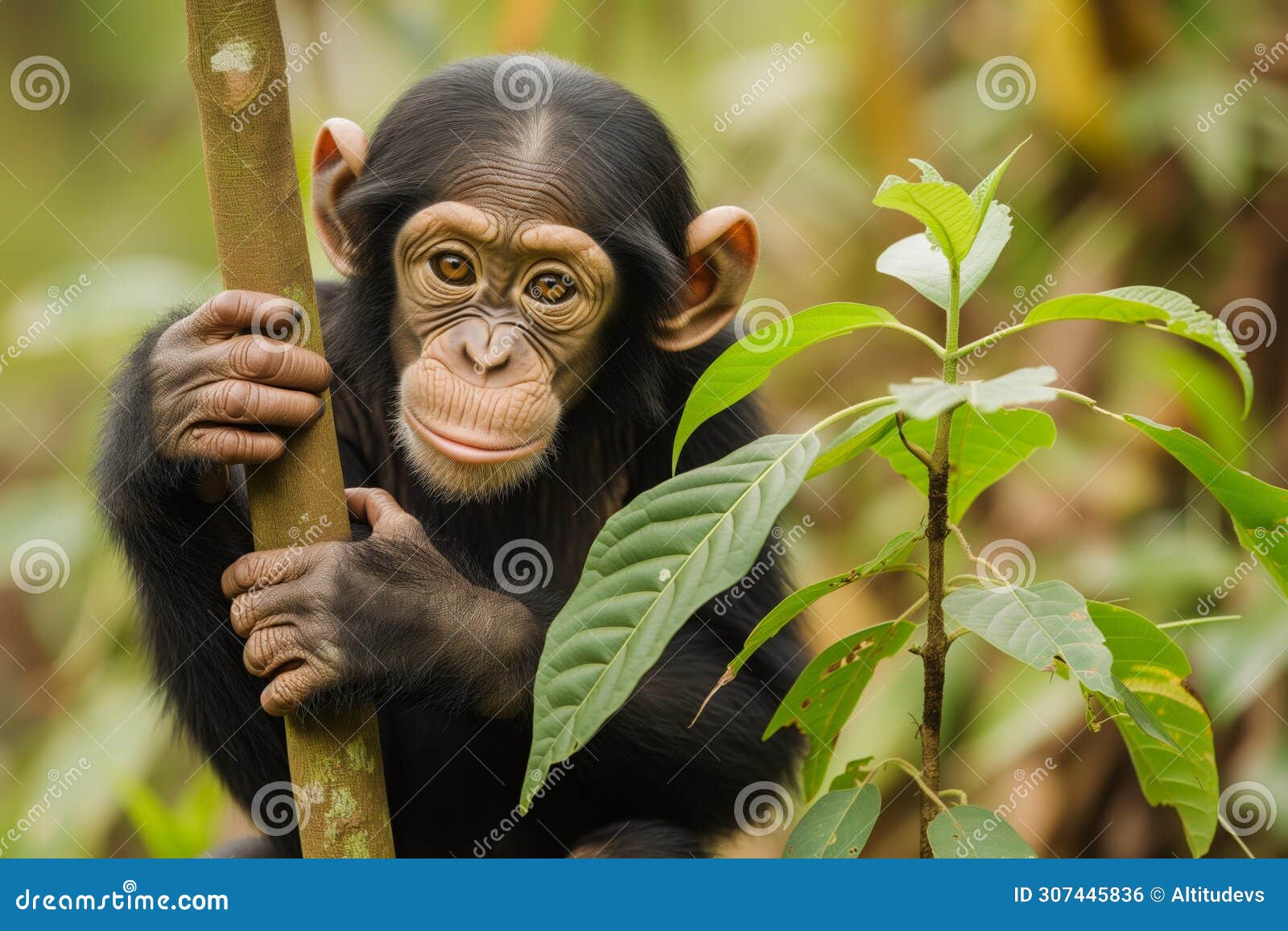 Young Chimpanzee Hugging a Small Jungle Tree Stock Photo - Image of ...