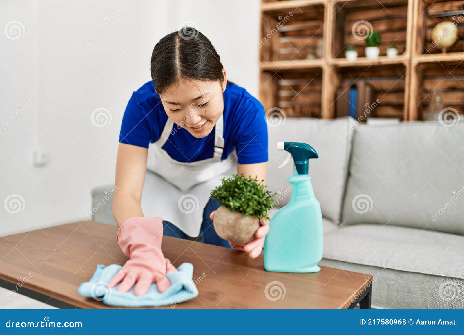 Young Chinese Housewife Cleaning Table Using Diffuser and Rag at Home ...