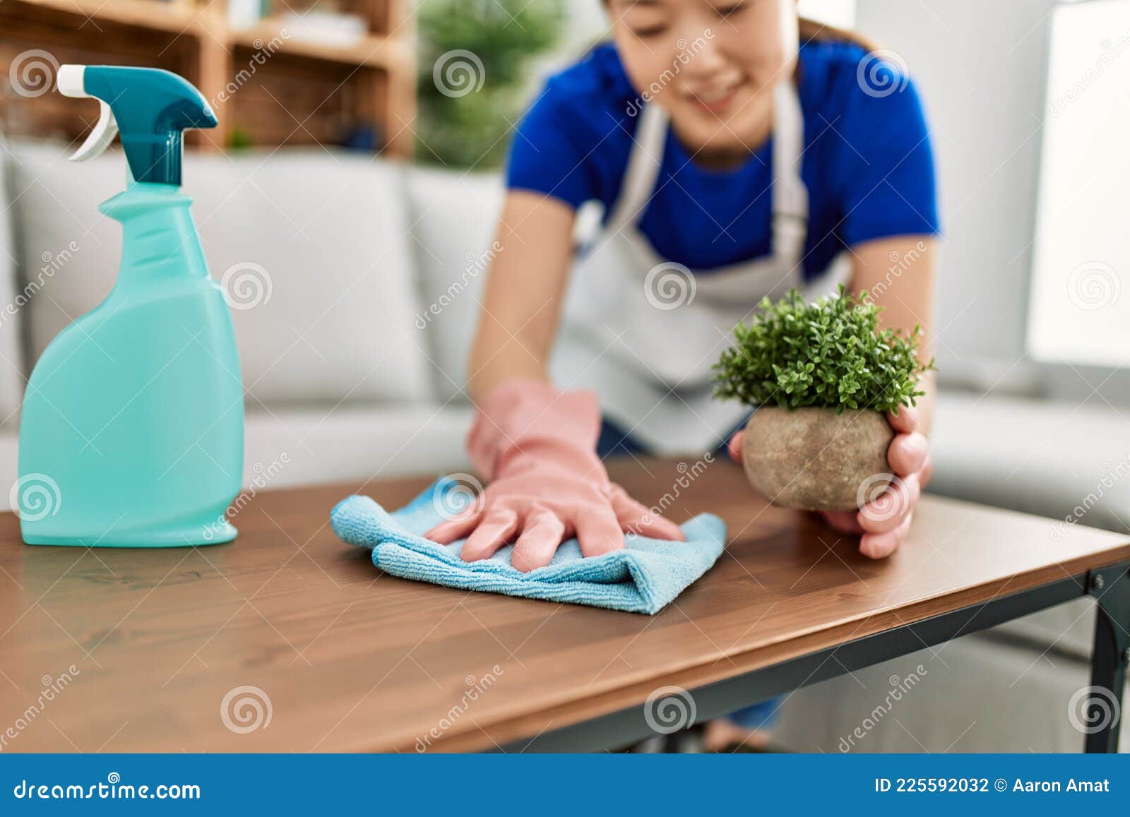Young Chinese Housewife Cleaning Table Using Diffuser and Rag at Home ...