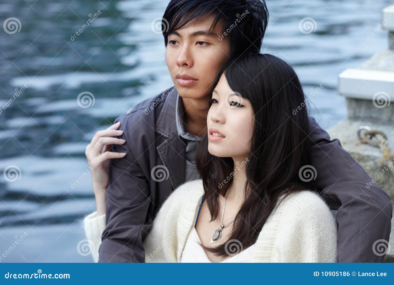 Young Chinese Lovers Embracing by River Stock Photo - Image of romance ...