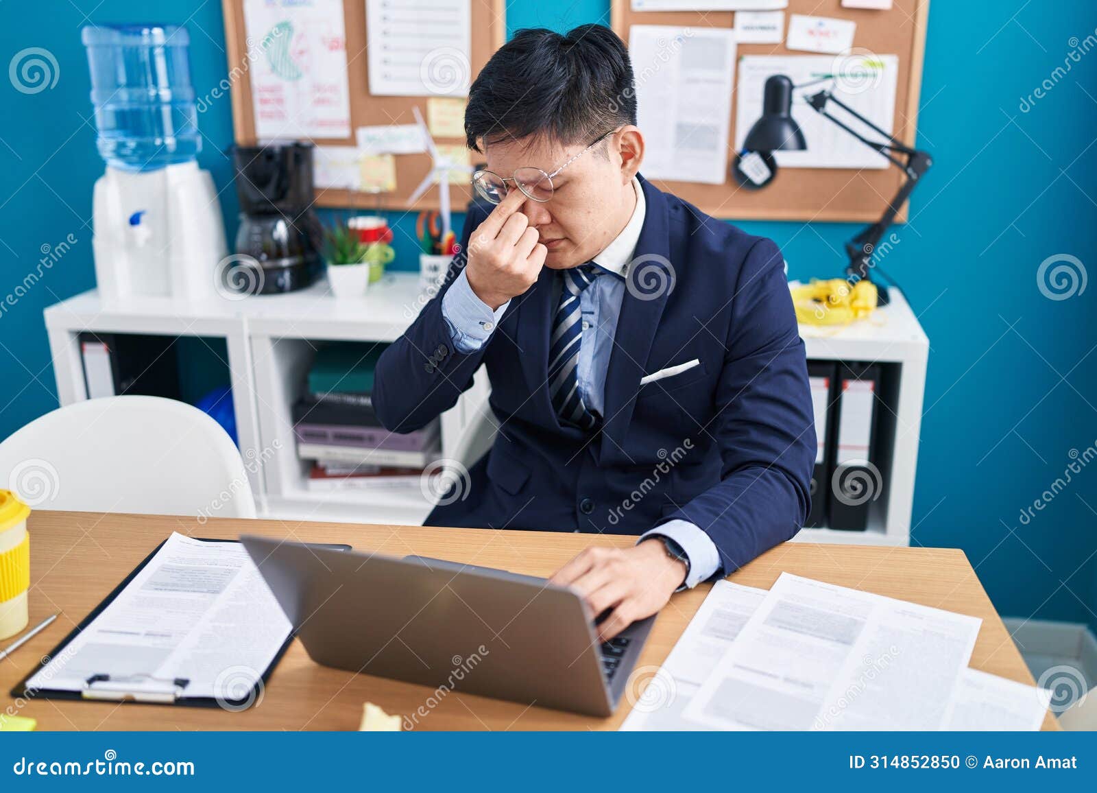 Young Chinese Man Business Worker Stressed Using Laptop at Office Stock ...