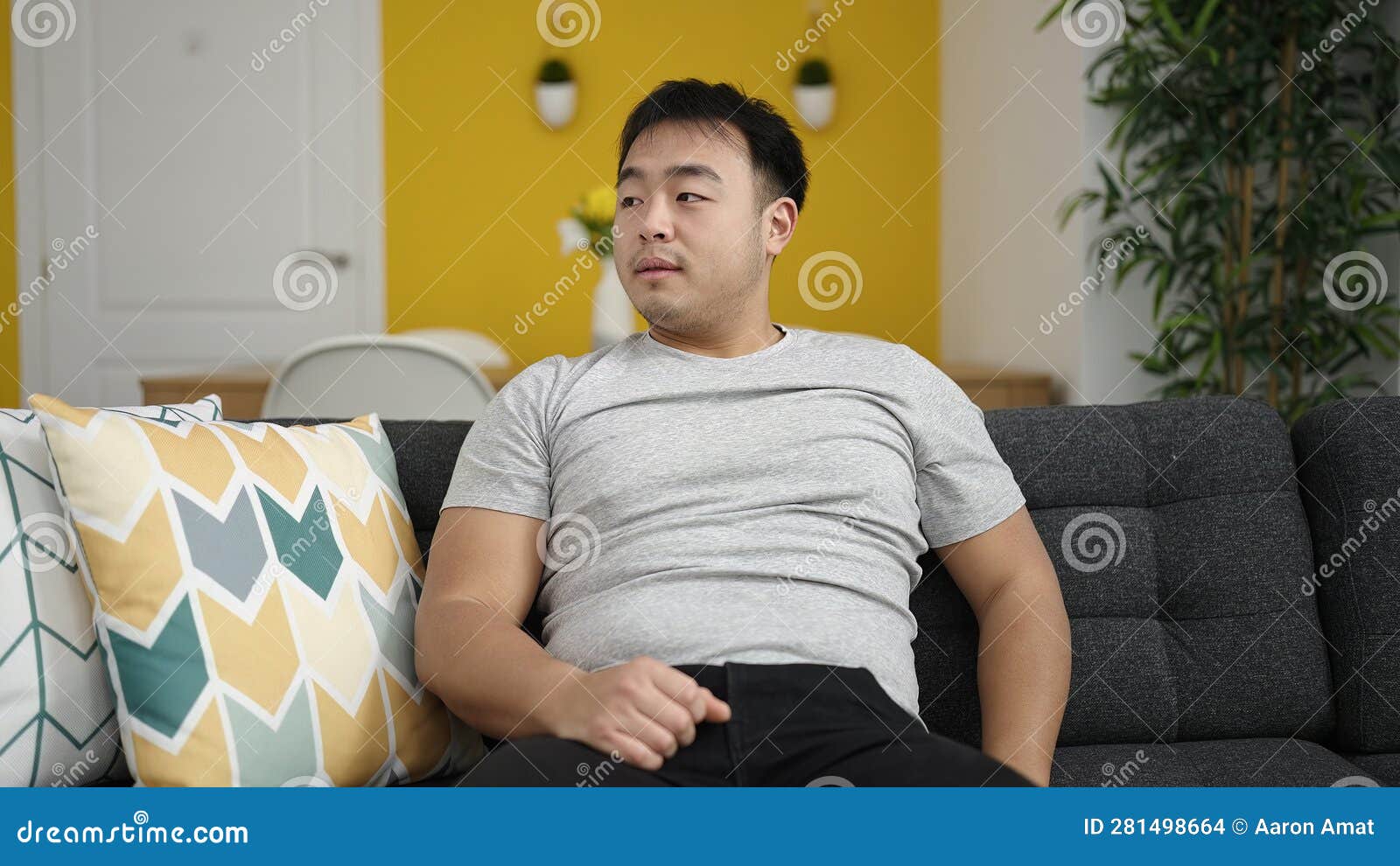 Young Chinese Man Sitting on Sofa with Serious Expression at Home Stock ...