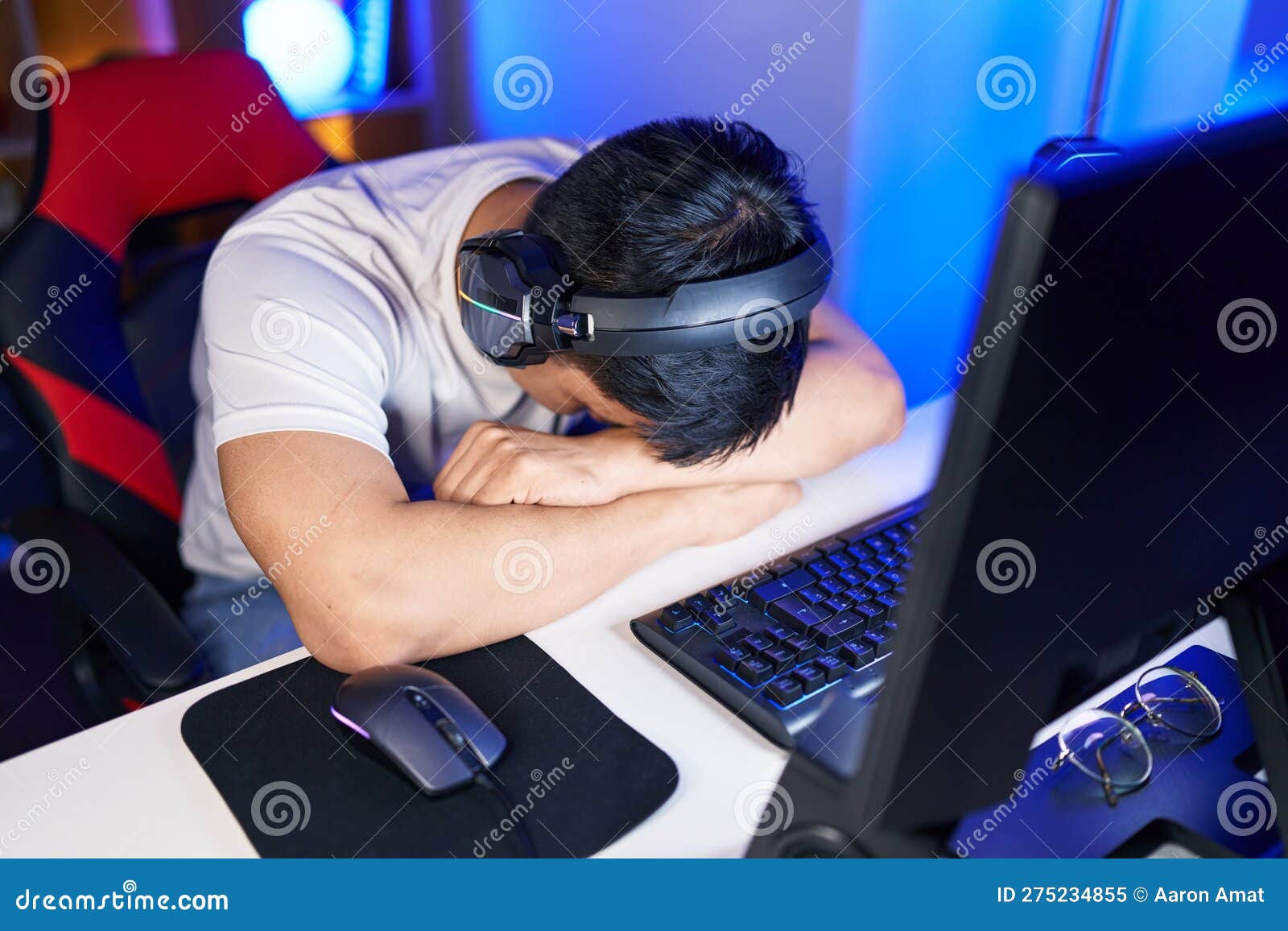 Young Chinese Man Streamer Stressed Using Computer at Gaming Room Stock ...