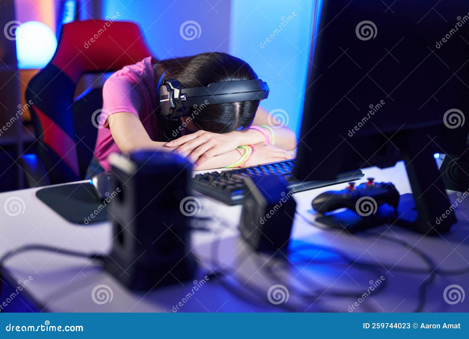 Young Chinese Woman Streamer Stressed Using Computer at Gaming Room ...