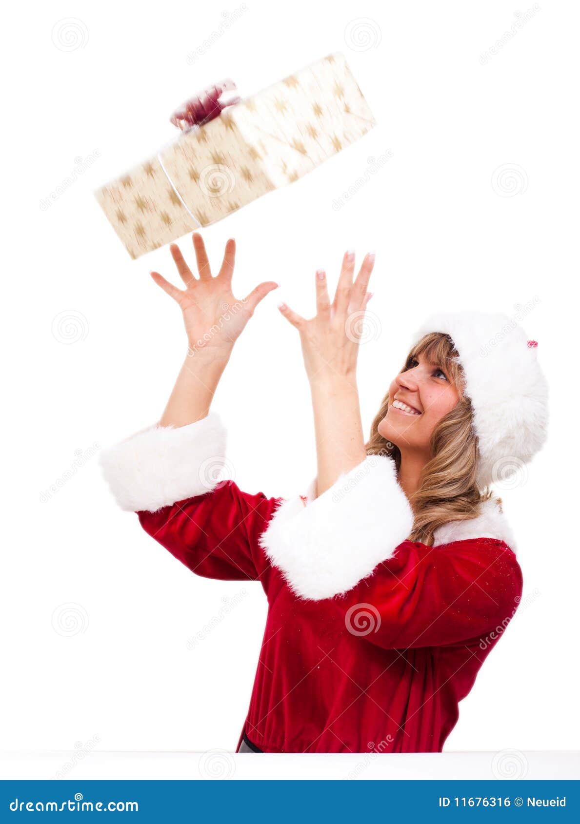 Young Christmas Woman is Catching an Xmas Present Stock Photo - Image ...