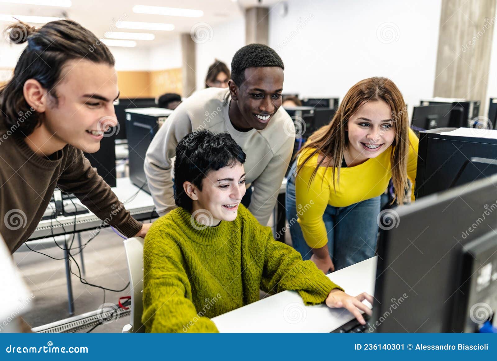Young Classmates Studying Together Inside Classroom Stock Image - Image ...