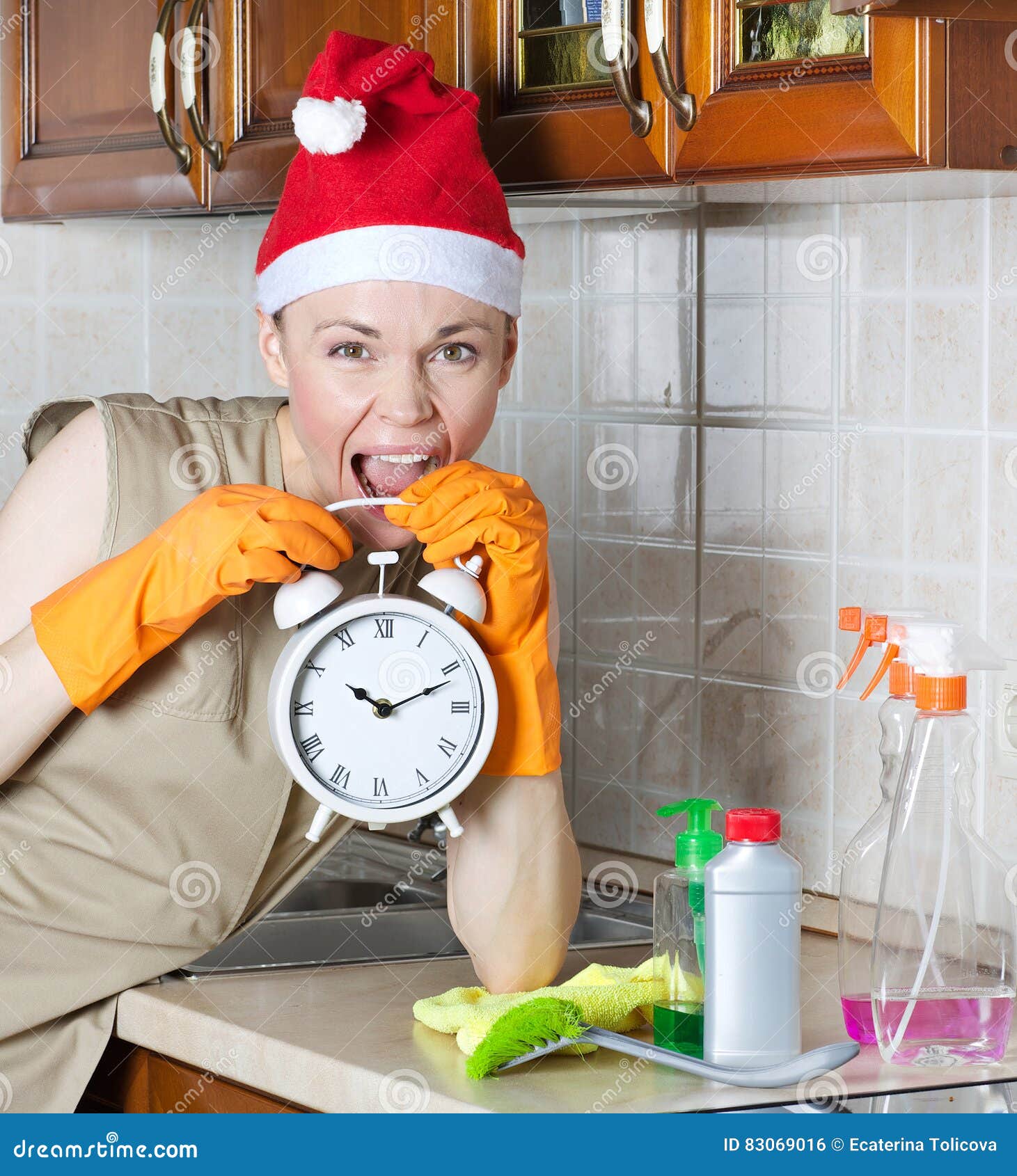 Young Cleaning Lady with Alarm Clock Stock Photo - Image of party ...