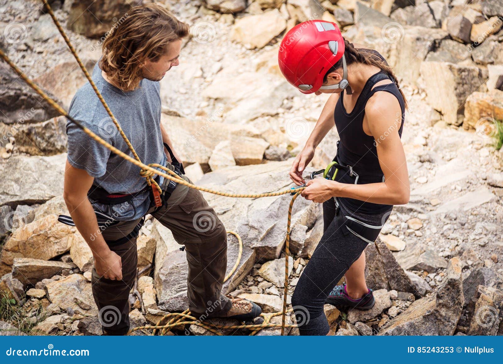 Young Climbers Checking Equipment Stock Image - Image of quarry, rock ...