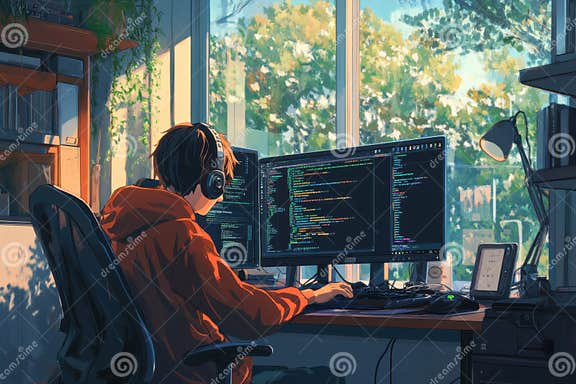 Young Coder Working from Home on Multiple Screens, Programming Against ...