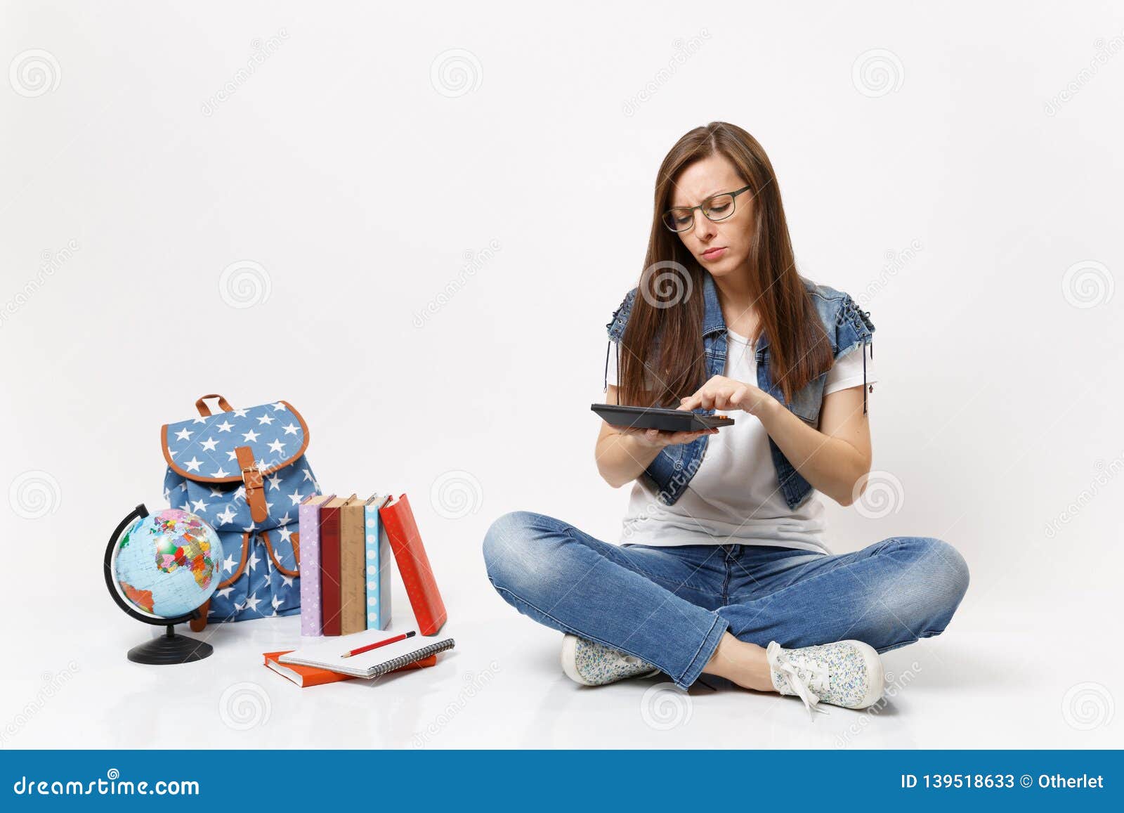 Young Concentrated Smart Woman Student Holding Using Calculator Solving ...