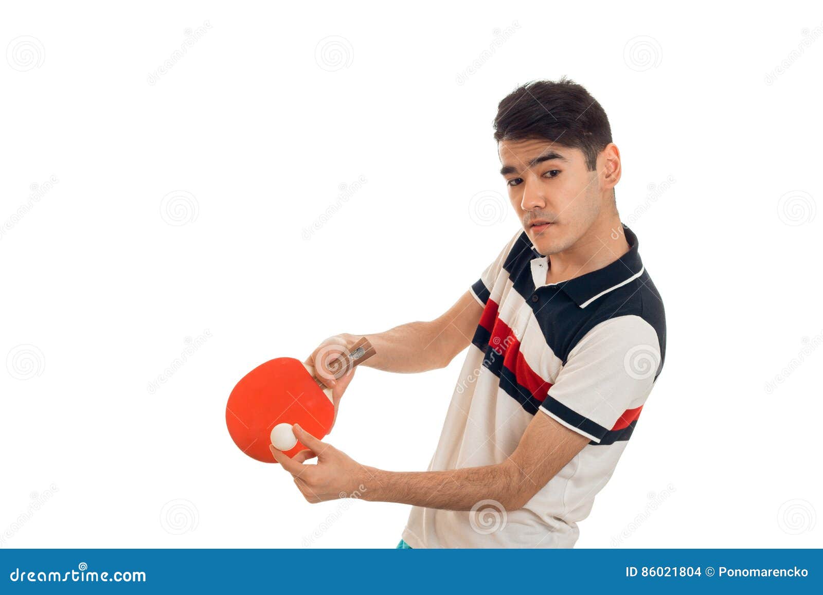 Young Concentrated Sportsman Practicing Ping-pong Isolated on White ...