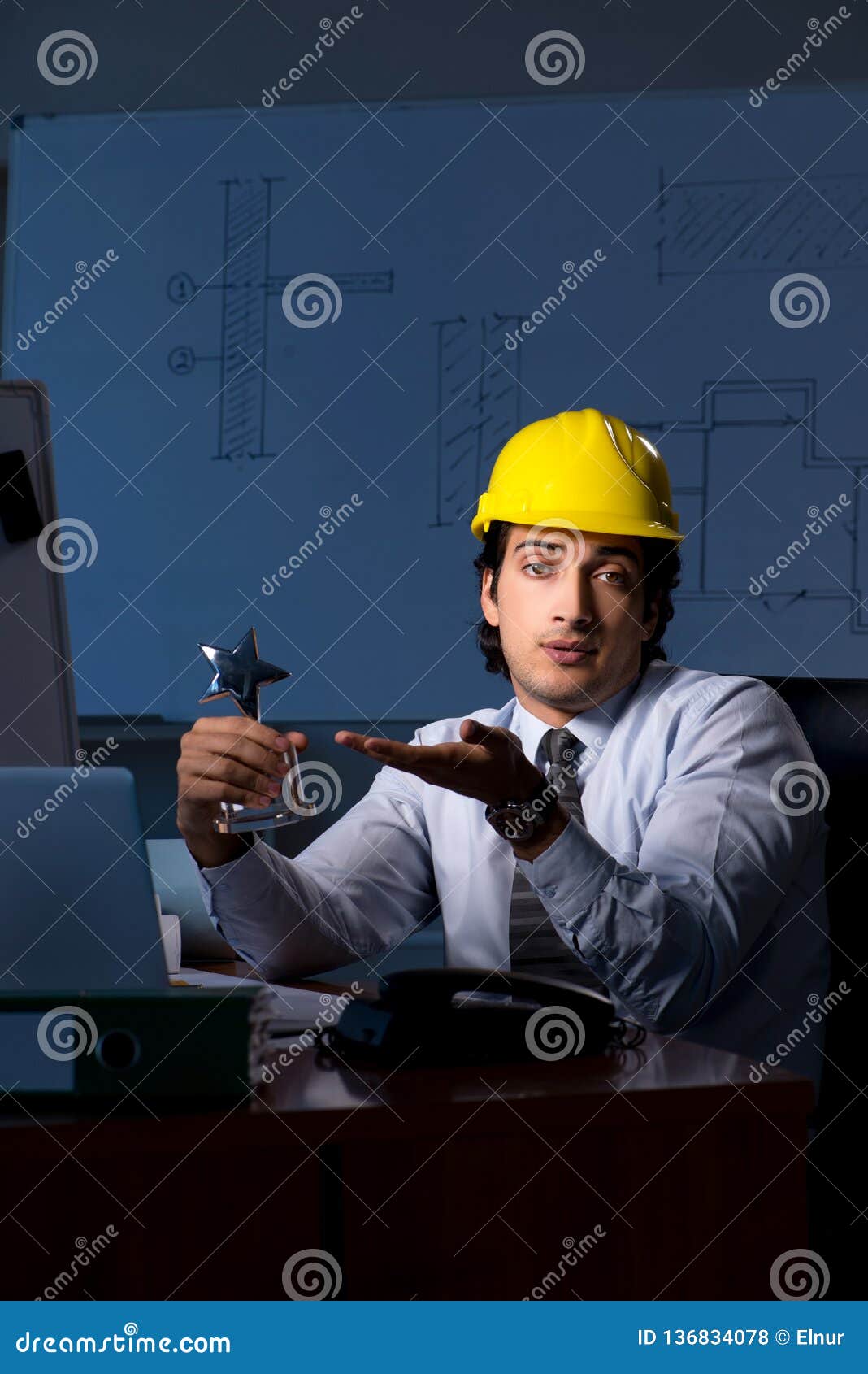 The Young Construction Architect Working on Project at Night Stock ...