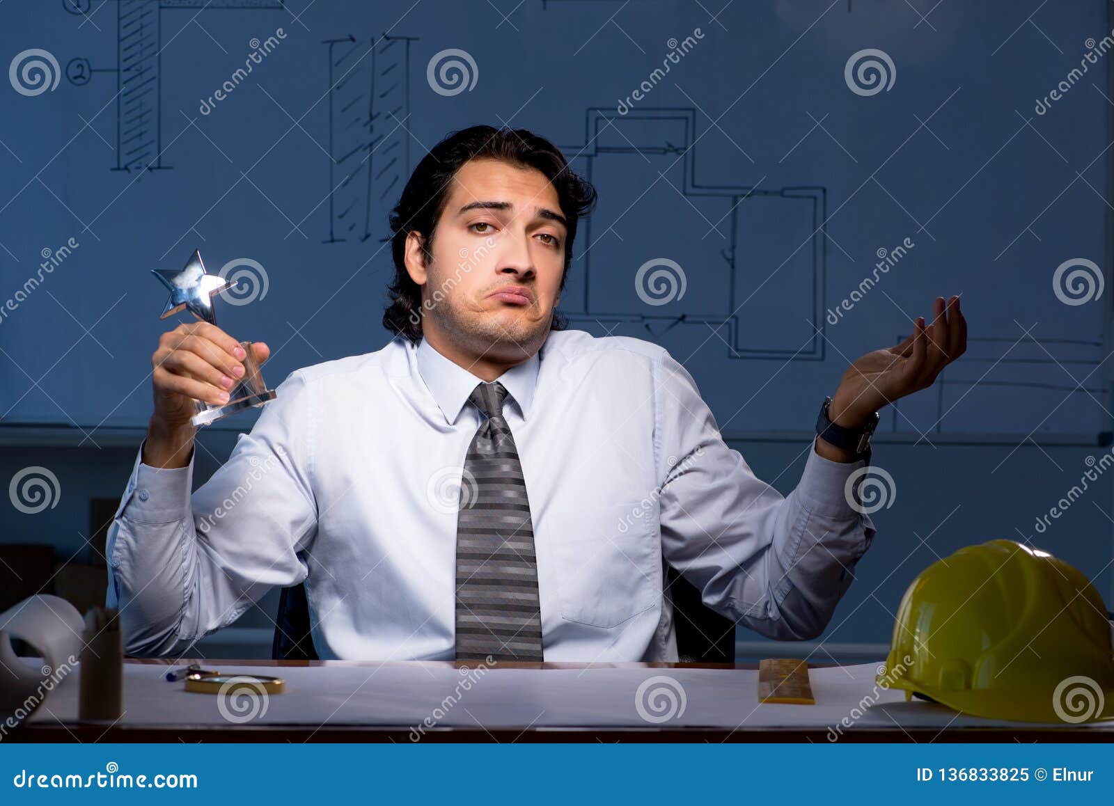 The Young Construction Architect Working on Project at Night Stock ...