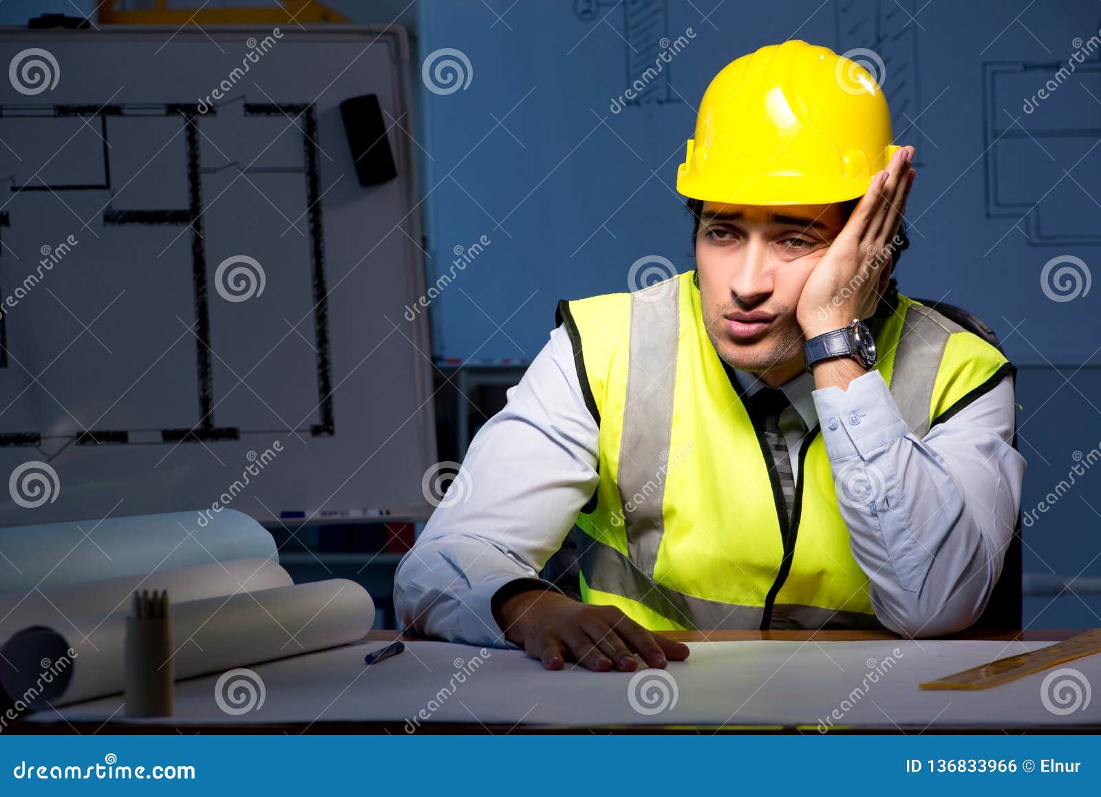 The Young Construction Architect Working on Project at Night Stock ...