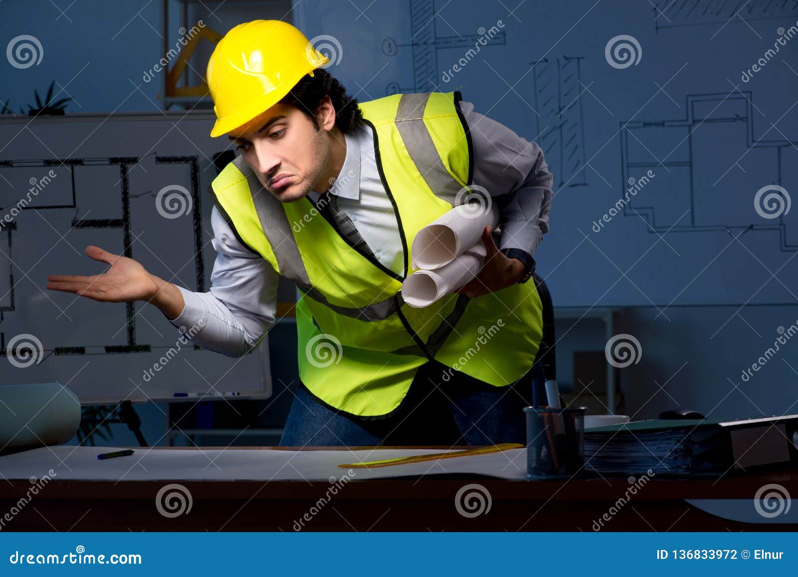 The Young Construction Architect Working on Project at Night Stock ...