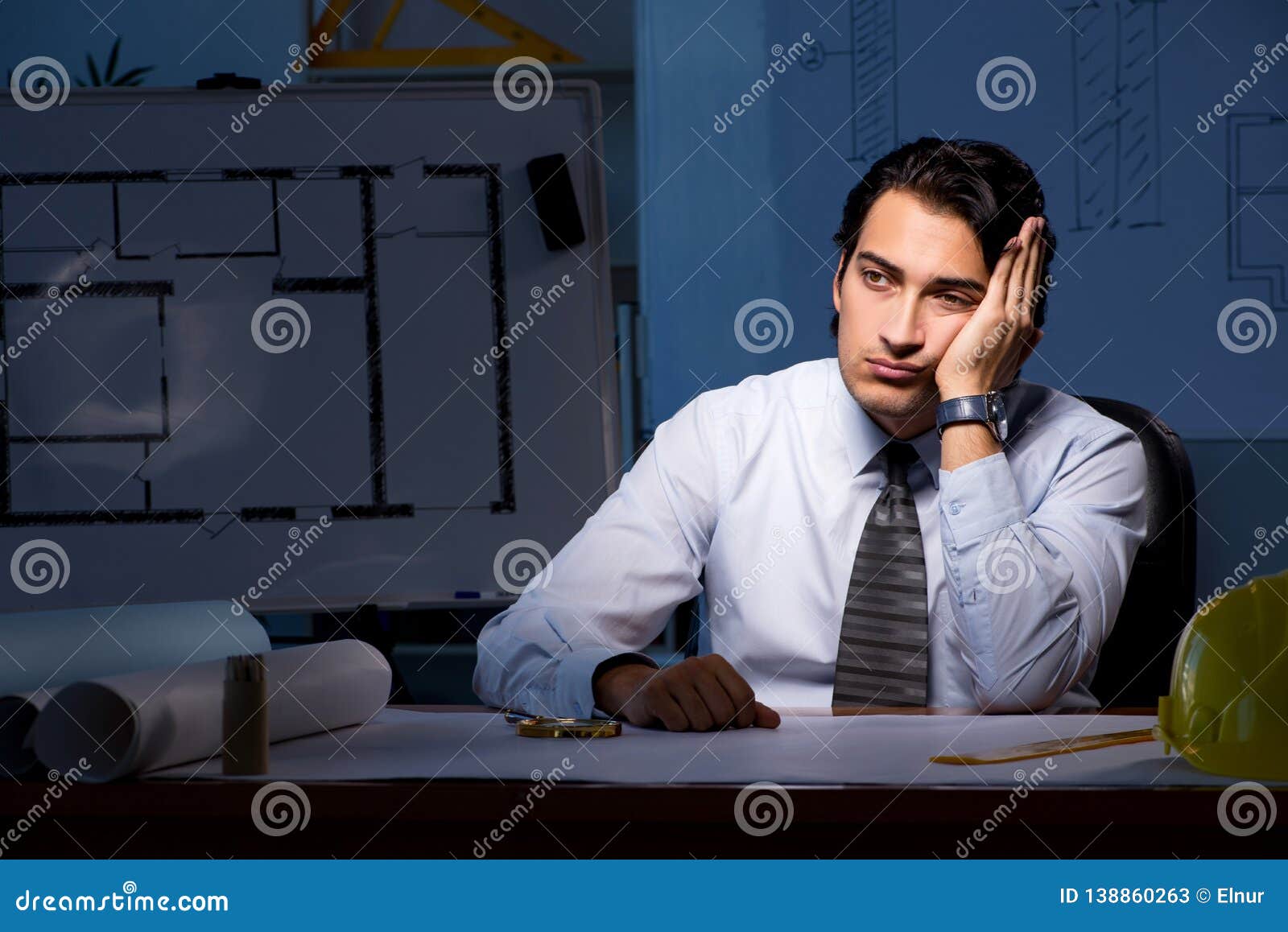 The Young Construction Architect Working on Project at Night Stock ...