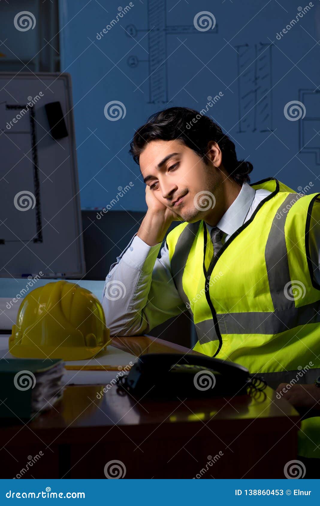 The Young Construction Architect Working on Project at Night Stock ...