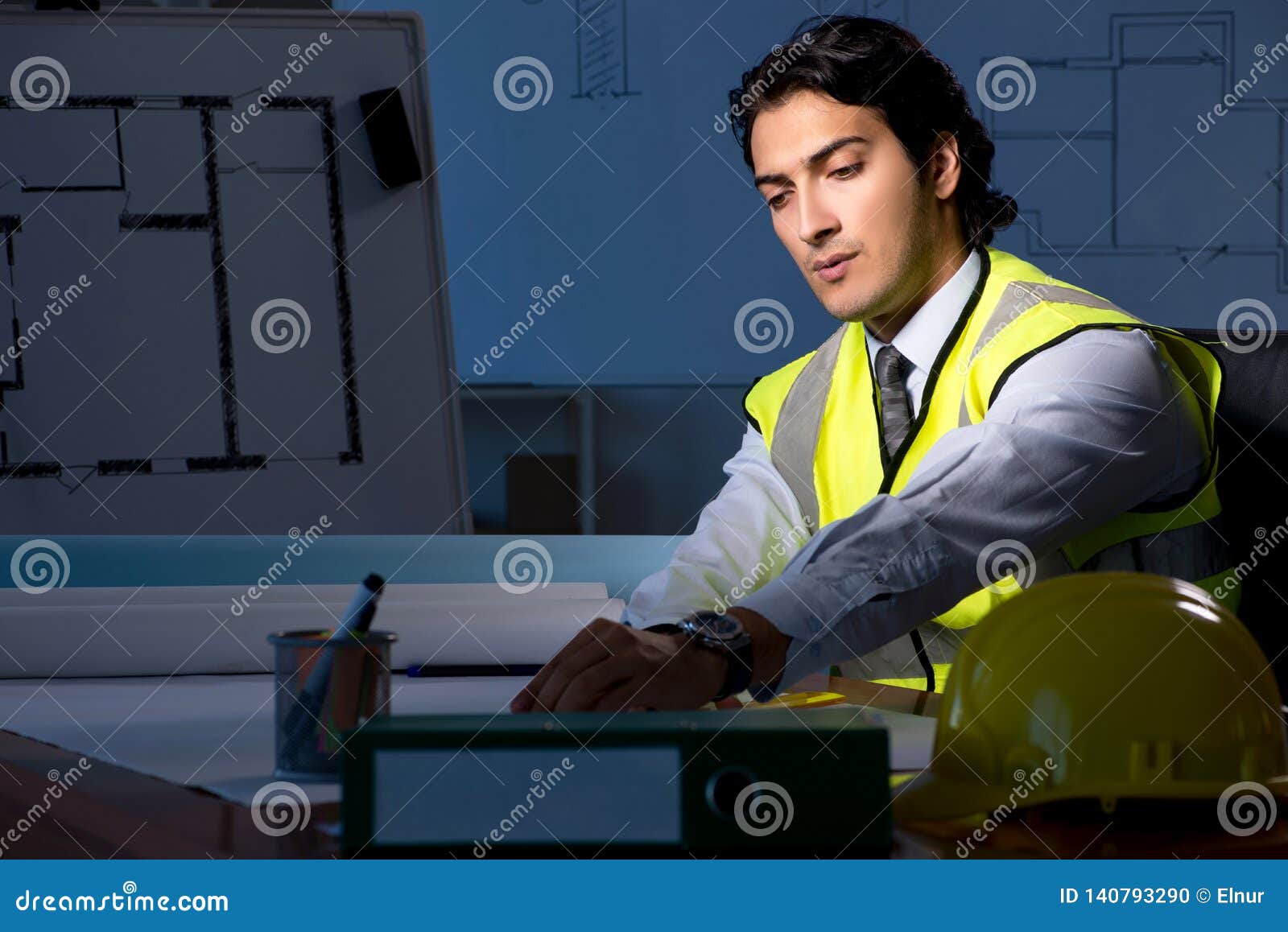 The Young Construction Architect Working on Project at Night Stock ...