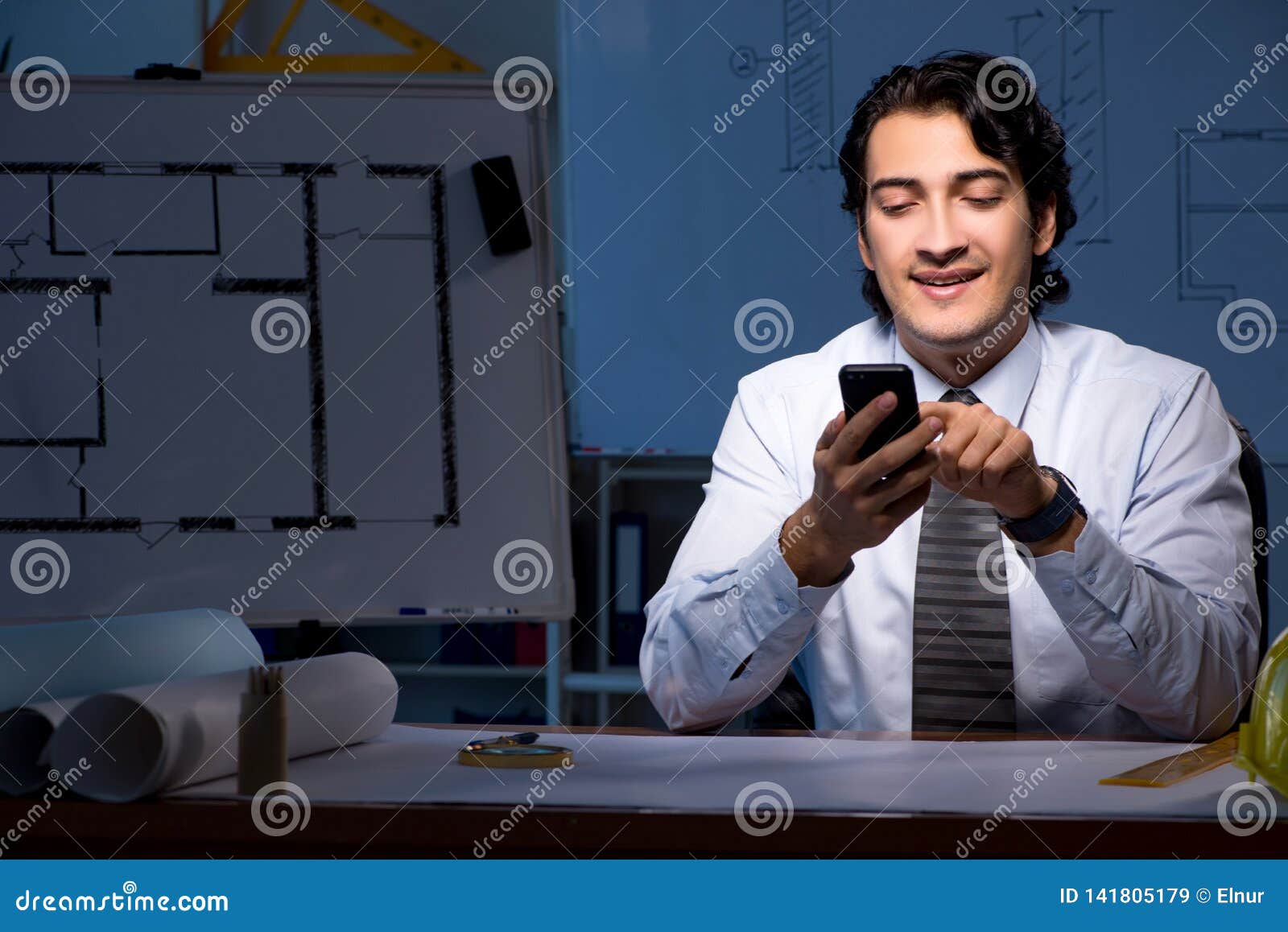 The Young Construction Architect Working on Project at Night Stock ...