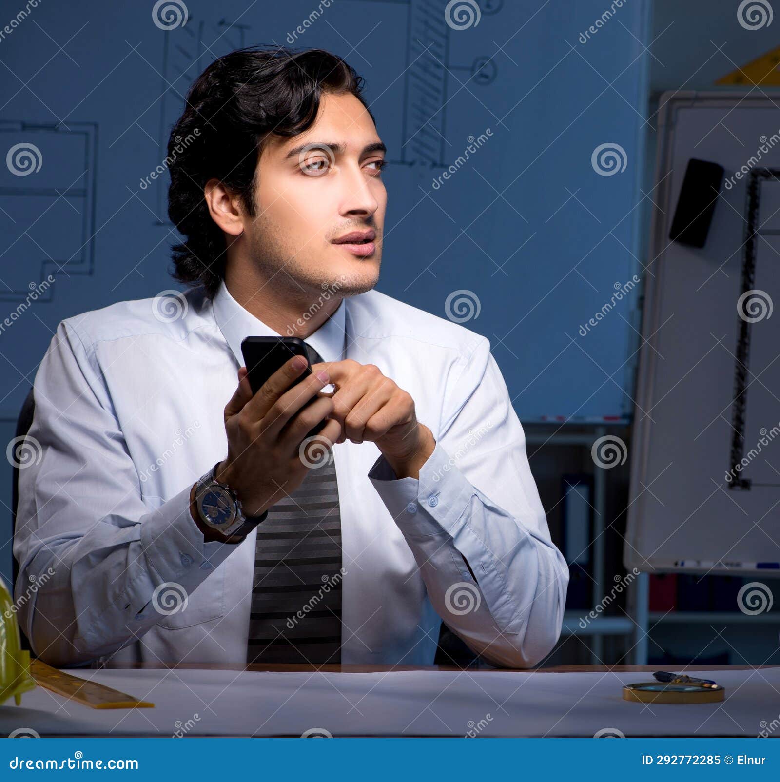 Young Construction Architect Working on Project at Night Stock Image ...