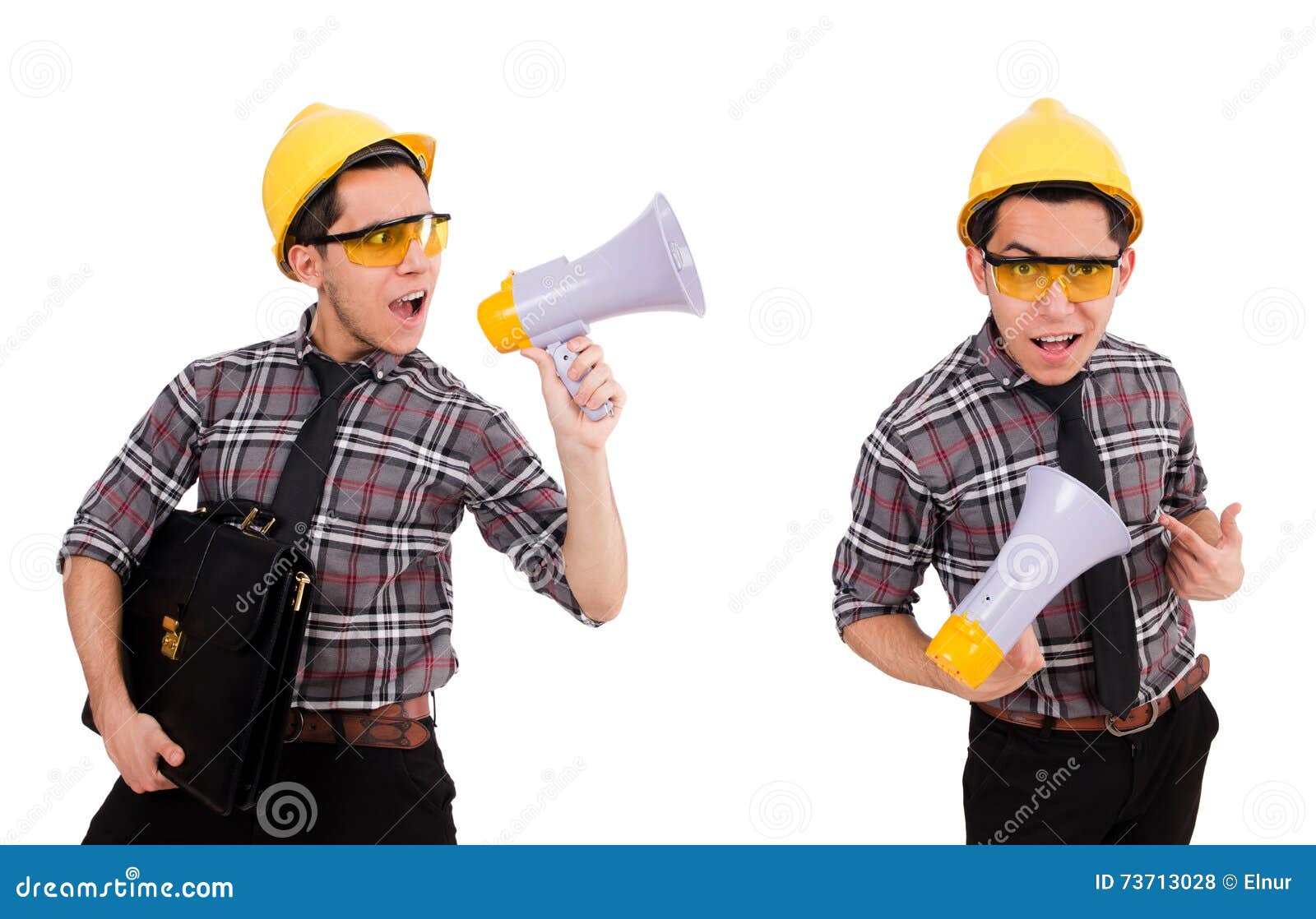 The Young Construction Worker with Loudspeaker Isolated on White Stock ...