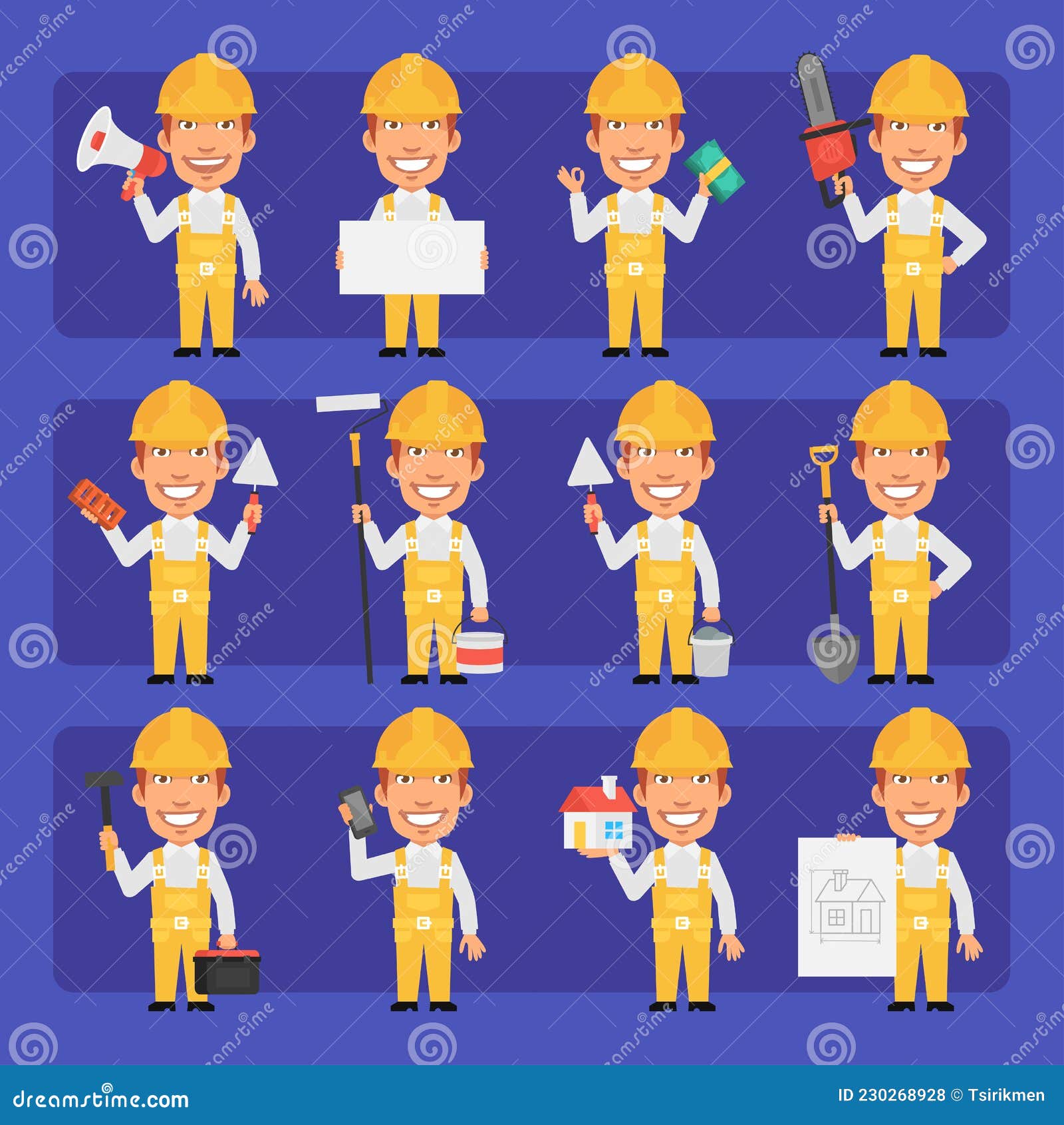 Young Construction Worker in Uniform in Different Poses and Emotions ...
