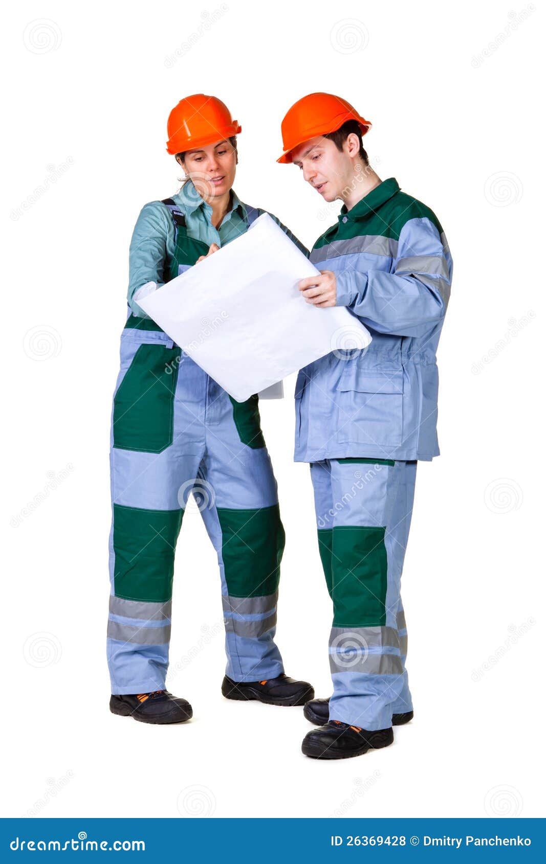 Young Construction Workers with Blueprint Stock Photo - Image of plan ...