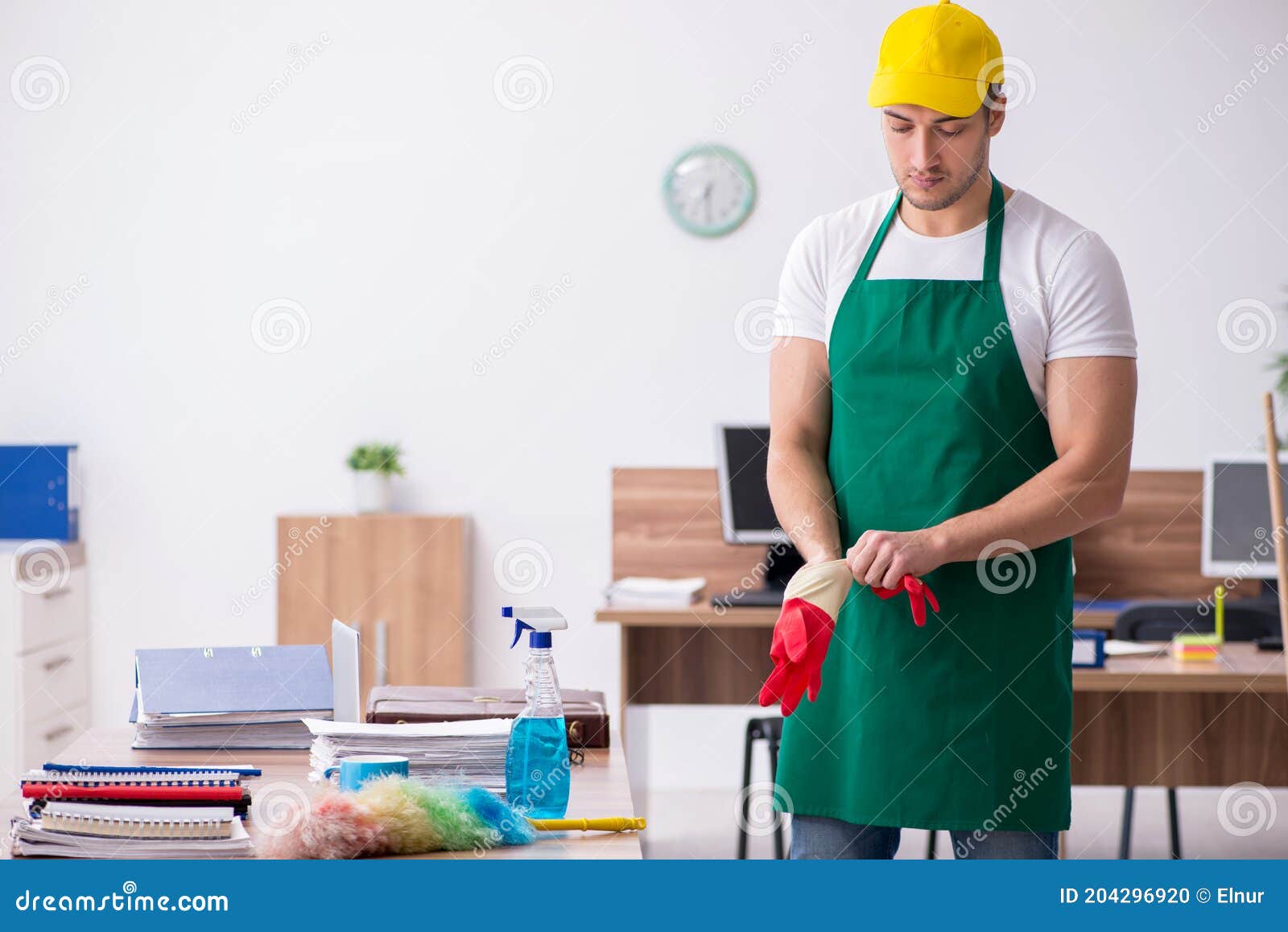 Young Male Contractor Cleaning the Office Stock Photo - Image of litter ...