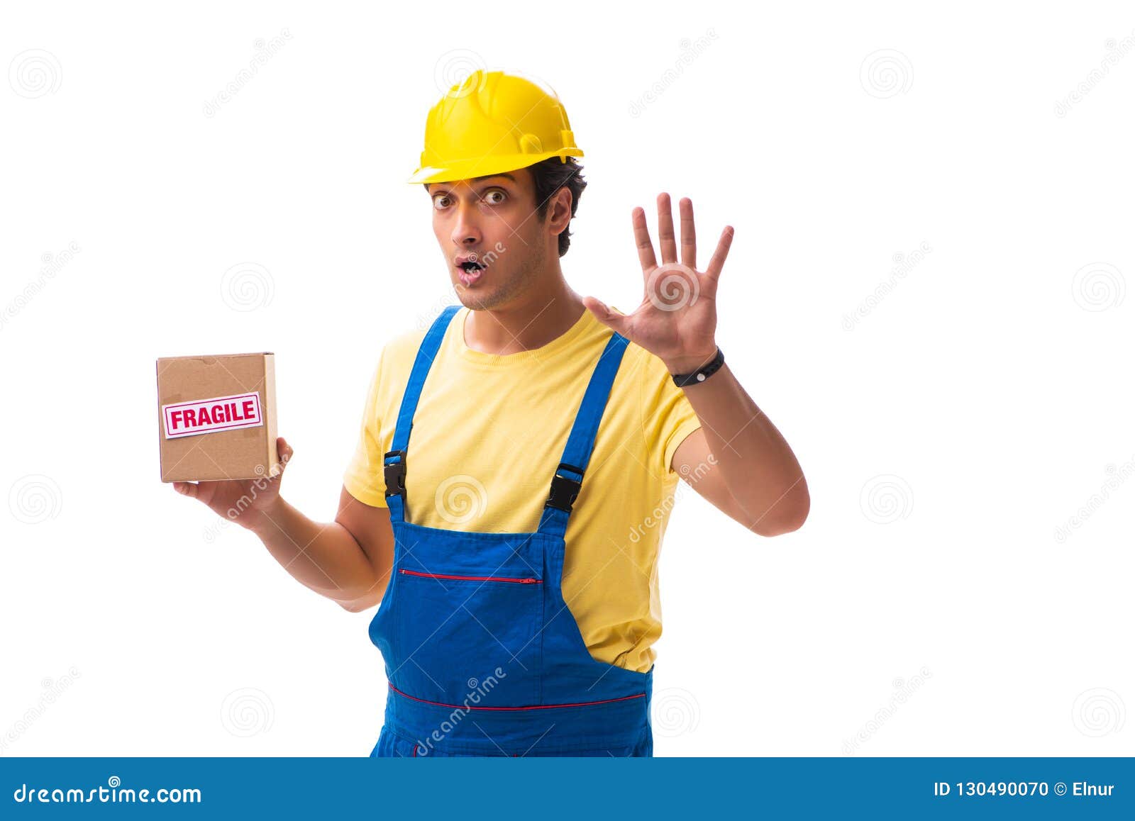 The Young Contractor with Fragile Boxes Isolated on White Stock Photo ...