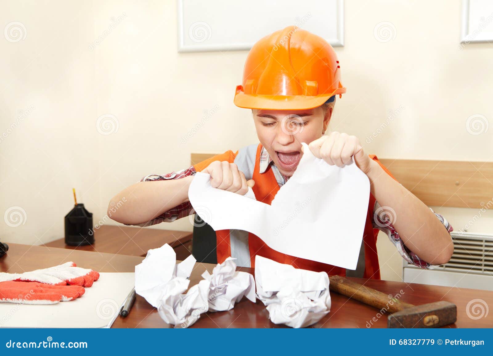 Young Contractor in the Office. Stress Stock Image - Image of hammer ...