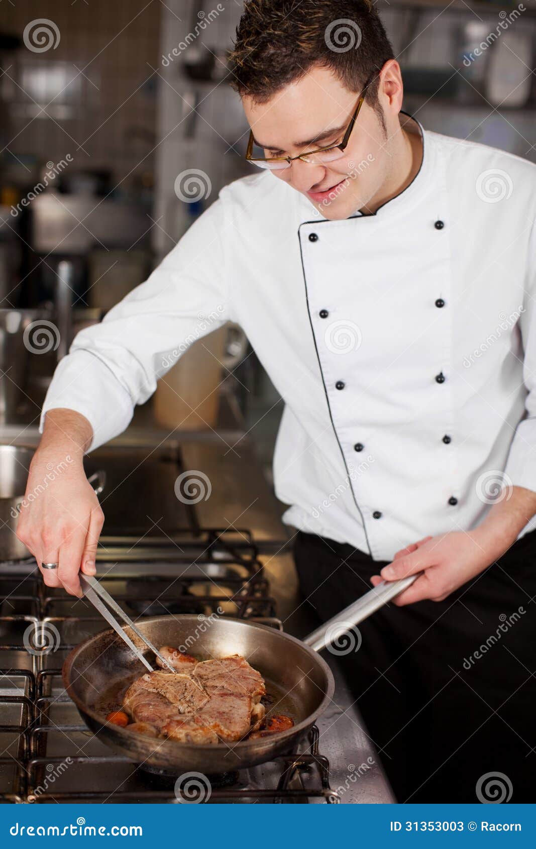 Young Cook Preparing Steak in a Pan Stock Image - Image of expertise ...