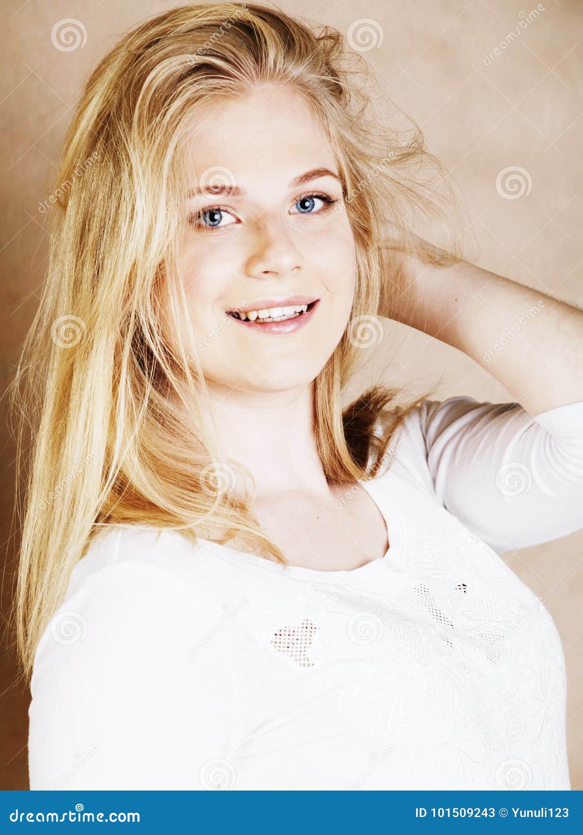 Young Cool Blong Teenage Girl Messed with Her Hair Smiling Stock Image ... Young Cool Blong Teenage Girl Messed with Her Hair Smiling Stock Image ...
