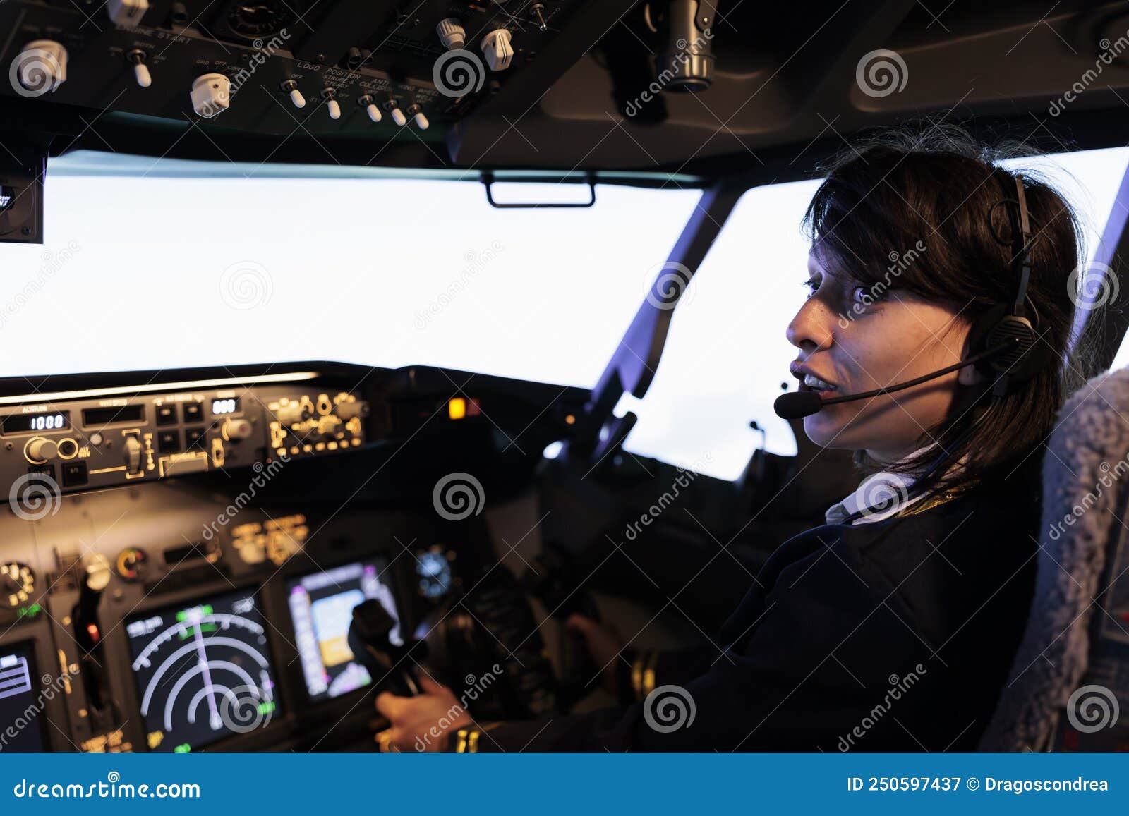Young Copilot Using Power Switch on Dashboard To Fly Aircraft Jet Stock ...