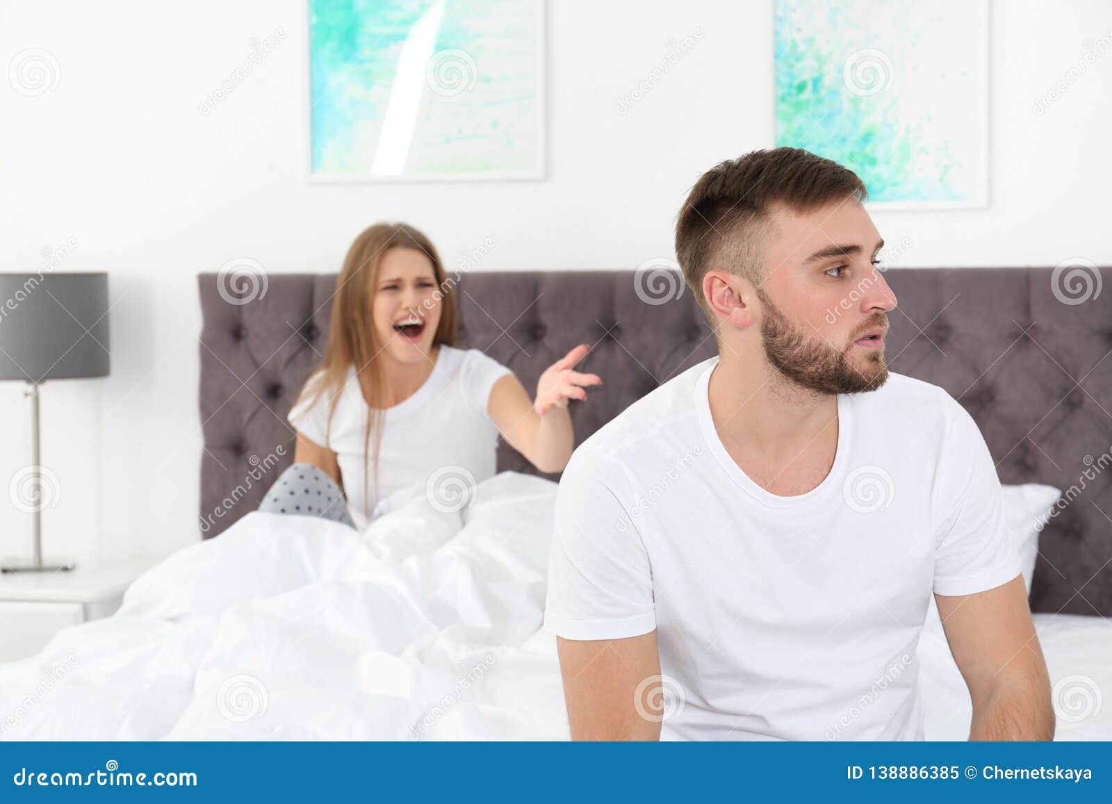 Young Couple Arguing in Bedroom. Relationship Stock Image - Image of ...