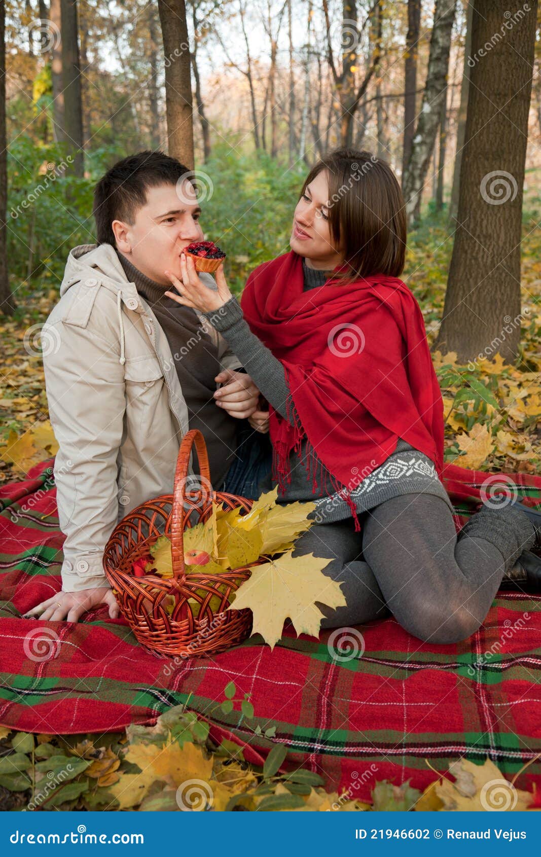 Young Couple in the Autumn Forest Picnic Area Stock Photo - Image of ...