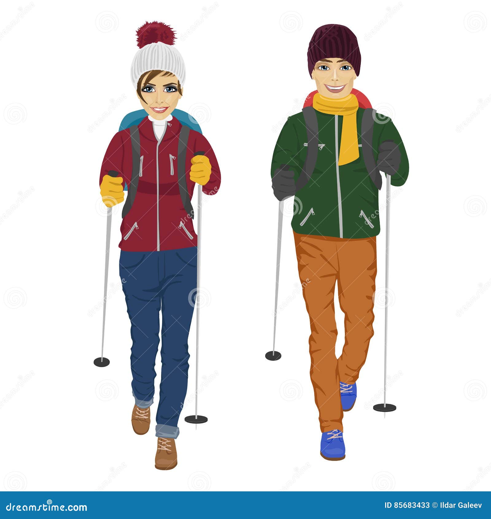 Young Couple with Backpack and Hiking Walking Sticks Stock Vector ...