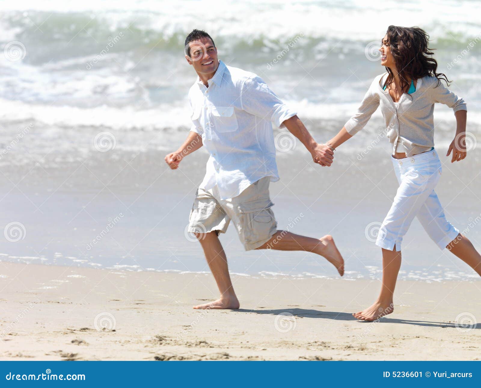 Young Couple on Beach, Running Hand in Hand. Stock Image - Image of ...