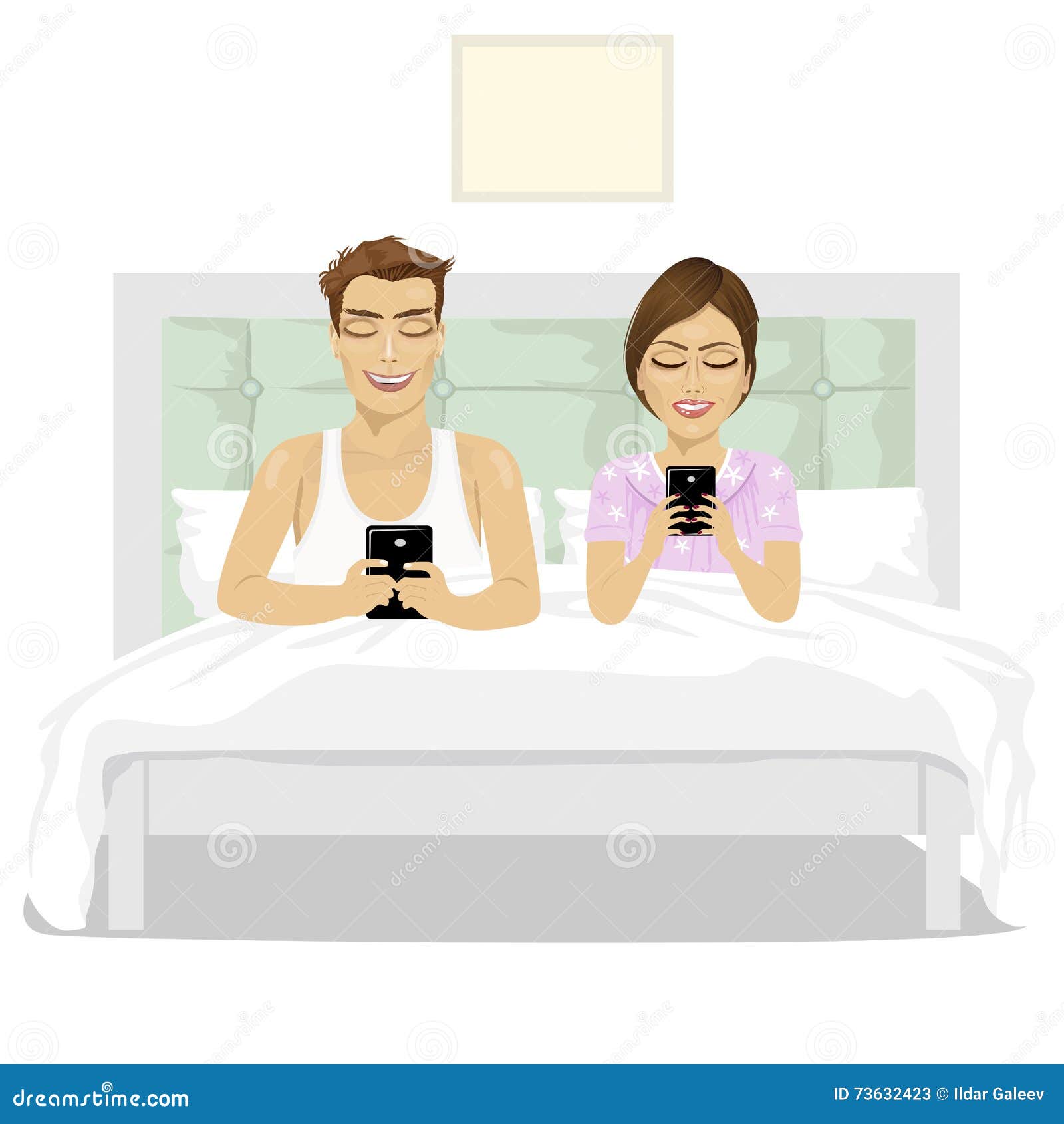Young Couple in Bed Using Their Smartphones. Addiction Concept Stock ...