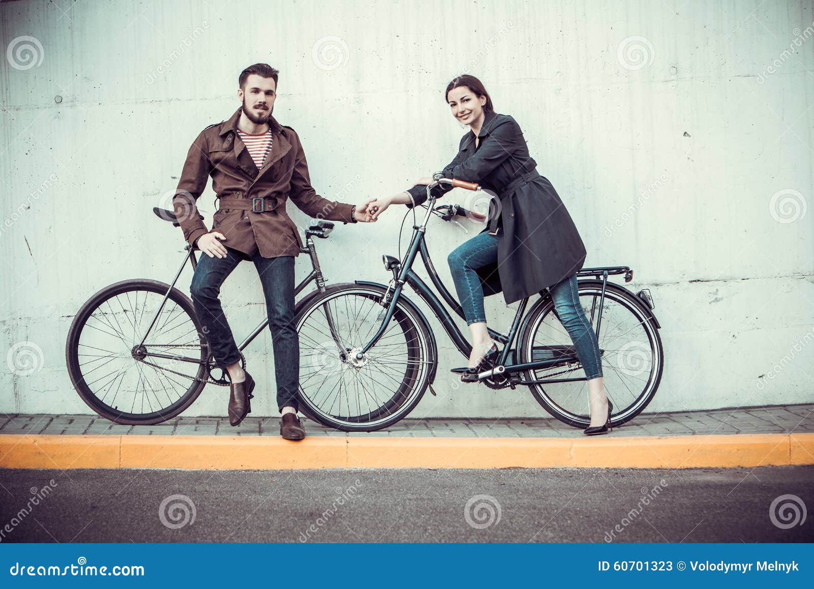 Young Couple with a Bicycle Opposite City Stock Image - Image of ...