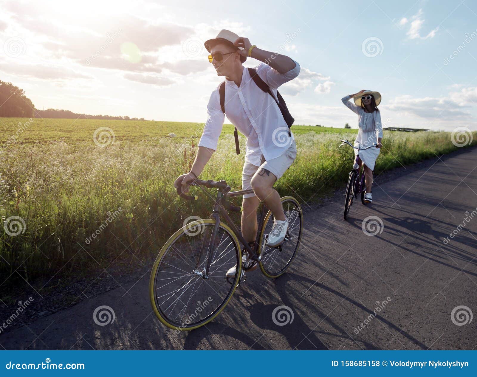 Young Couple Bicycle Trip stock photo. Image of hike - 158685158