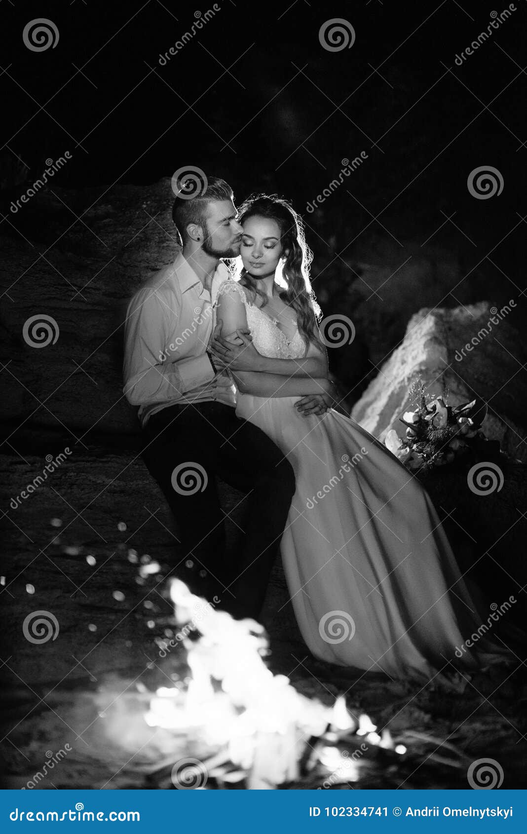 Young Couple the Bride and Groom Warm Around the Fire Stock Image ...