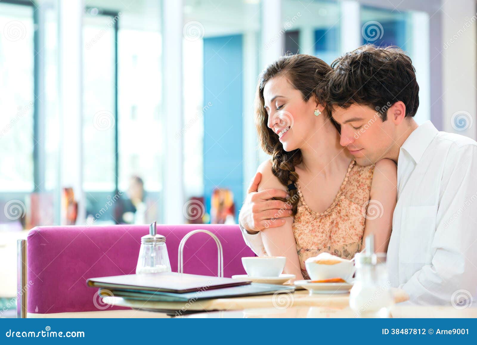 Young Couple Cafe Hugging and Kissing Stock Photo - Image of beverage ...