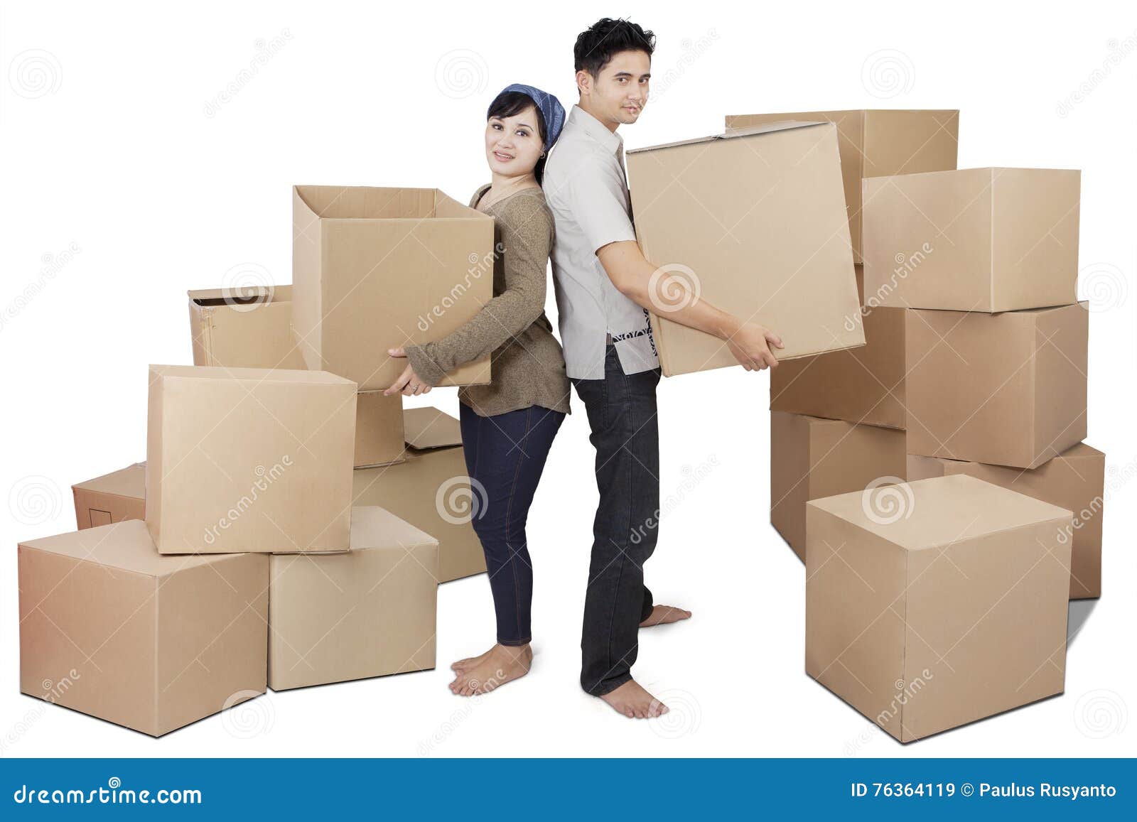 Young Couple Carrying Boxes in Studio Stock Image - Image of japanese ...