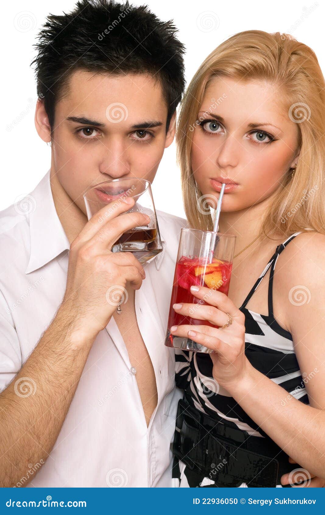 Young Couple with Cocktails. Isolated Stock Photo - Image of cute ...
